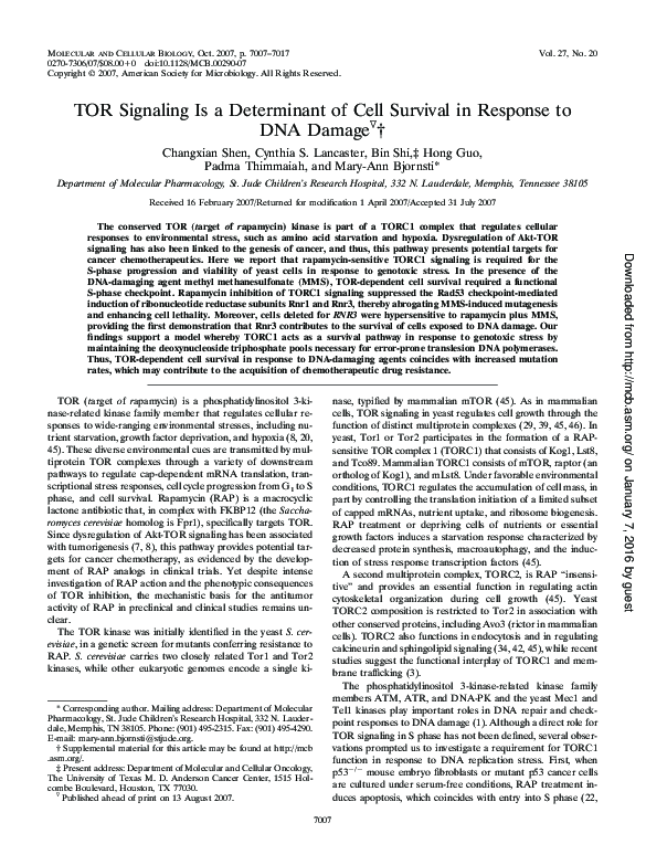(PDF) TOR Signaling Is a Determinant of Cell Survival in Response to ...