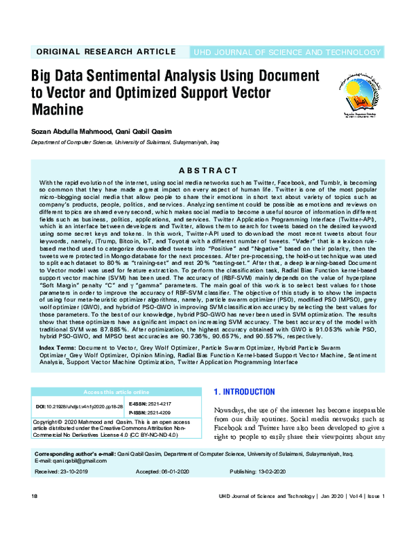 Pdf Big Data Sentimental Analysis Using Document To Vector And Optimized Support Vector Machine