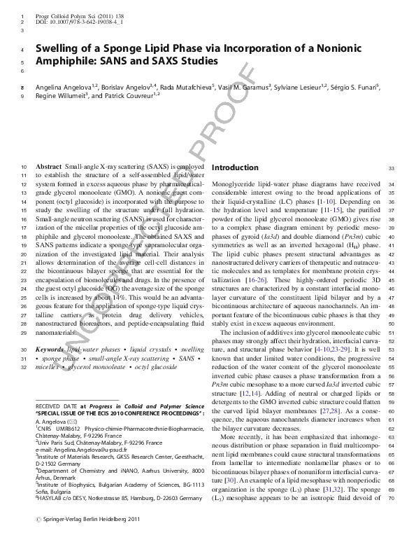 (PDF) Swelling of a Sponge Lipid Phase via Incorporation of a Nonionic ...