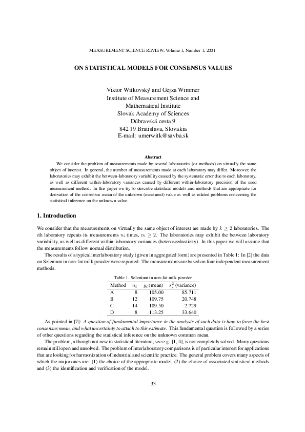 (PDF) On Statistical Models for Consensus Values