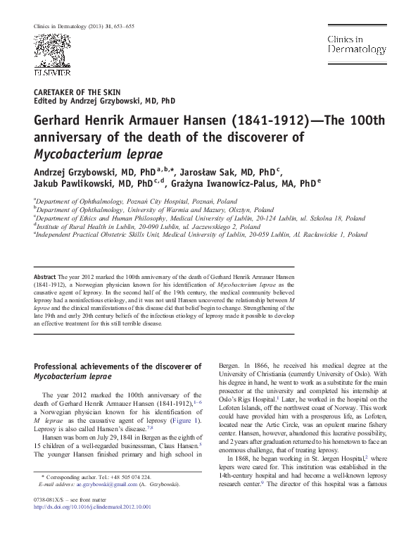 (PDF) Hansen's Legacy: 100 Years Since M. leprae Discovery