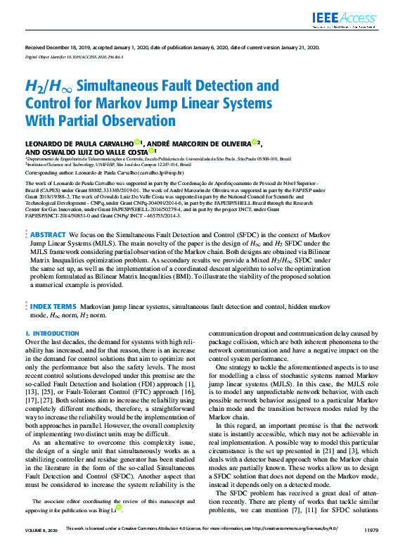 Pdf H2 Hinfty Simultaneous Fault Detection And Control For Markov Jump Linear Systems 4896