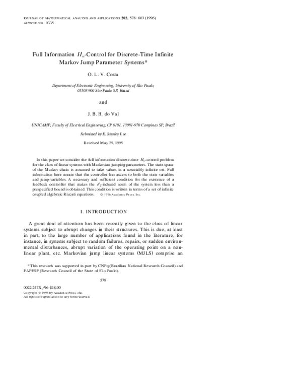 Pdf Full Informationh∞ Control For Discrete Time Infinite Markov Jump