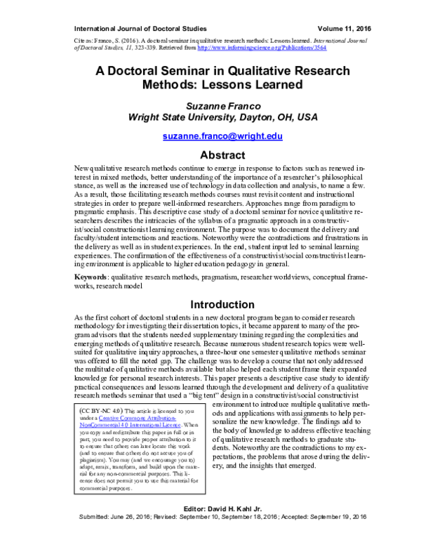(PDF) A Doctoral Seminar in Qualitative Research Methods: Lessons Learned