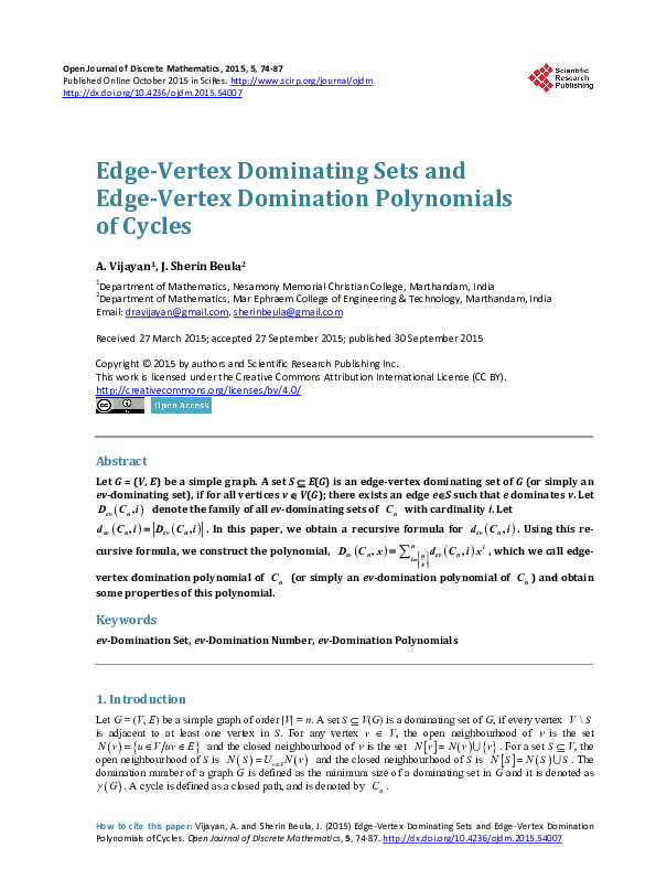 Pdf Edge Vertex Dominating Sets And Edge Vertex Domination Polynomials Of Cycles