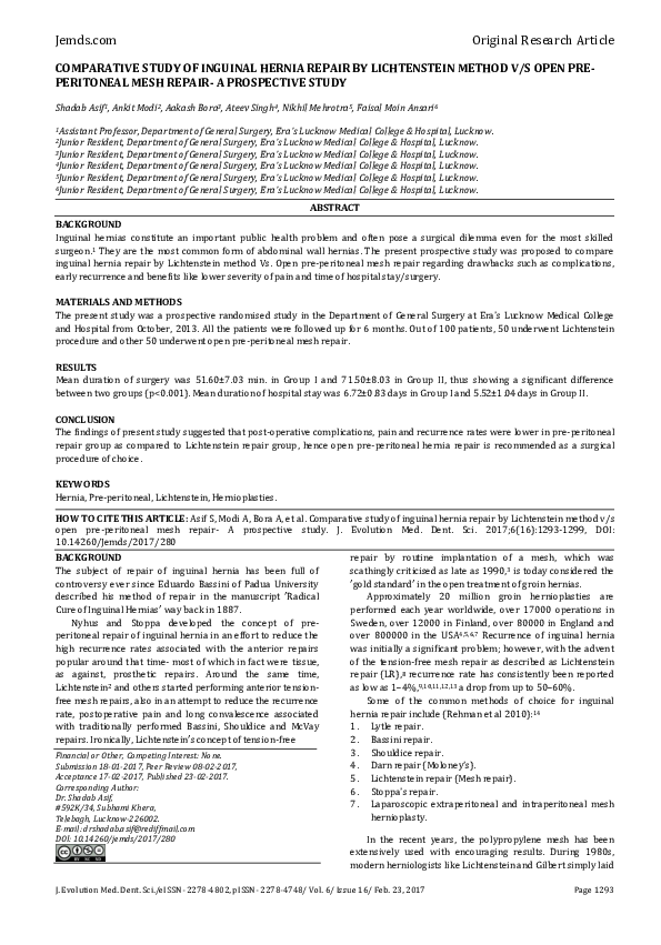(PDF) Comparative Study of Inguinal Hernia Repair by Lichtenstein ...