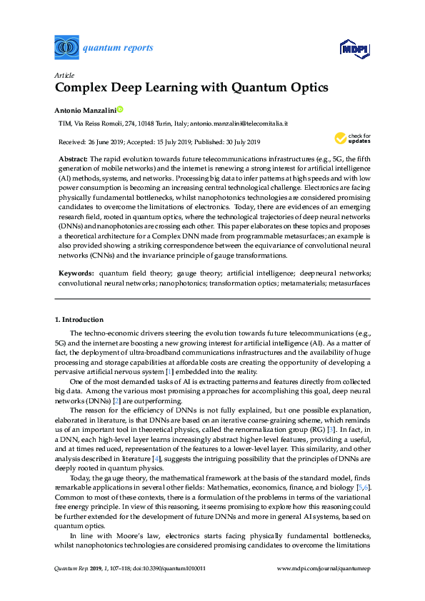 (PDF) Complex Deep Learning with Quantum Optics
