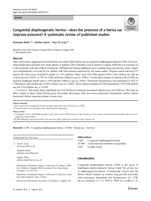 (PDF) Congenital diaphragmatic hernia—does the presence of a hernia sac ...