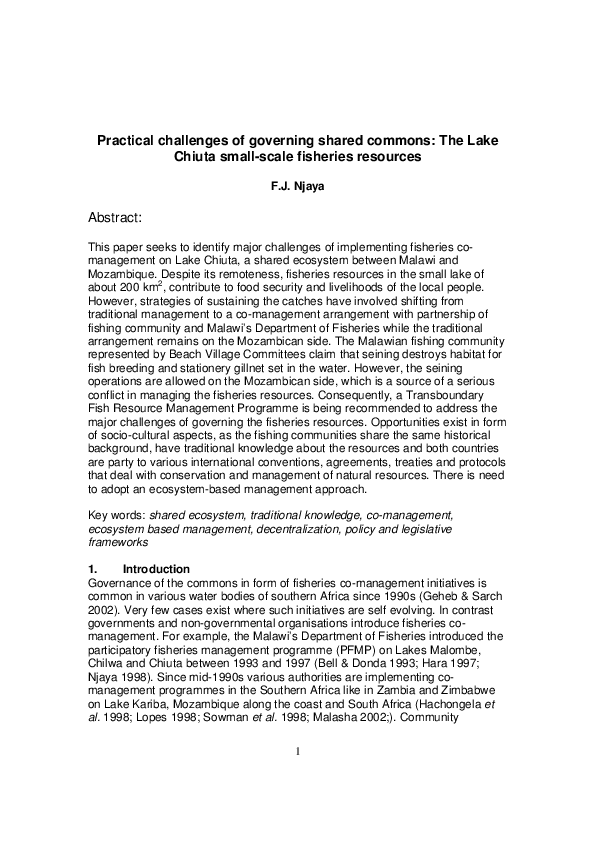 (PDF) Practical challenges of governing shared commons: The Lake Chiuta ...