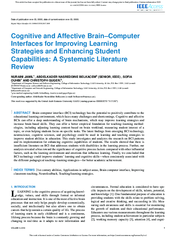 Pdf Cognitive And Affective Braincomputer Interfaces For Improving Learning Strategies And