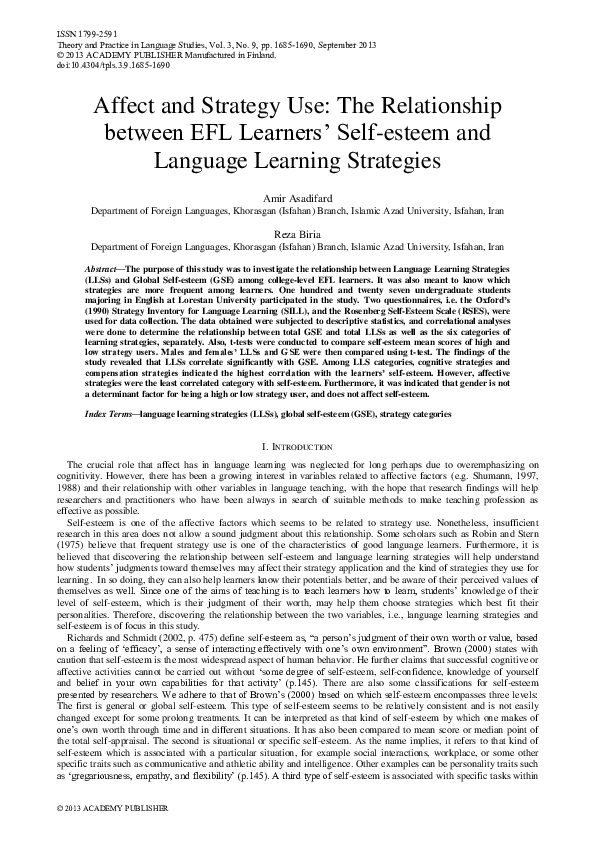 Affect And Strategy Use The Relationship Between Efl Learners Self Esteem And Language