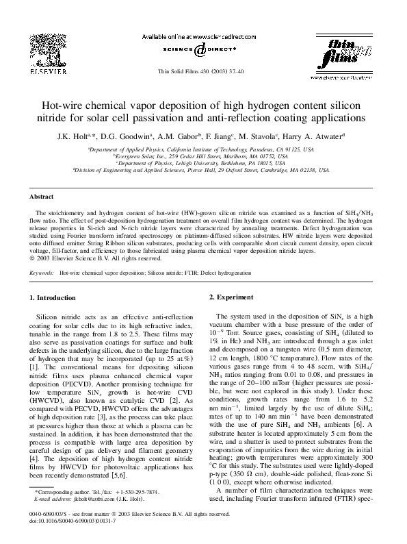 (PDF) Hot-wire chemical vapor deposition of high hydrogen content silicon nitride for solar cell ...