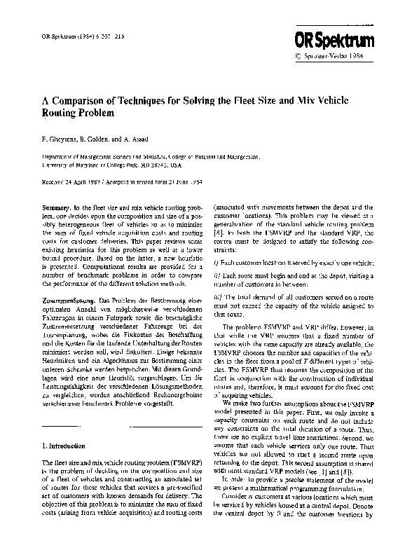 Pdf A Comparison Of Techniques For Solving The Fleet Size And Mix Vehicle Routing Problem