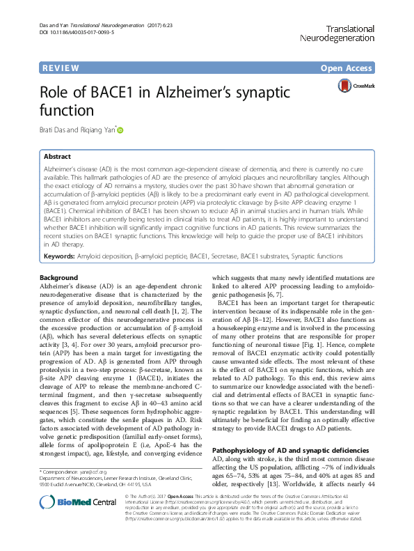 (PDF) Role of BACE1 in Alzheimer’s synaptic function