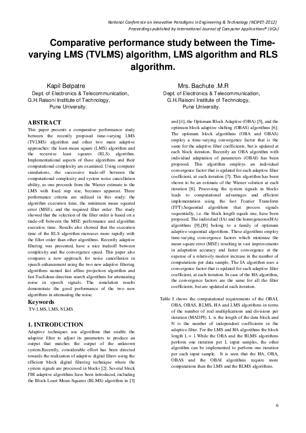 (PDF) Comparative performance study between the Time-varying LMS (TVLMS) algorithm, LMS ...