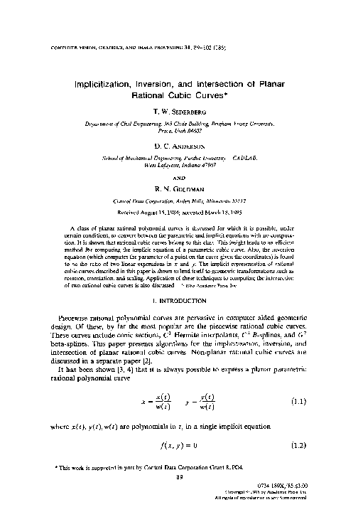 (PDF) Implicitization, inversion, and intersection of planar rational cubic curves