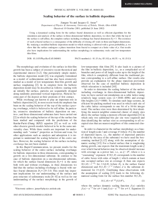 (PDF) Scaling behavior of the surface in ballistic deposition