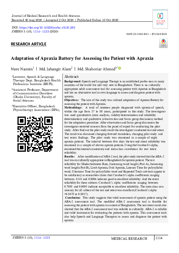(PDF) Adaptation of Apraxia Battery for Assessing the Patient with Apraxia