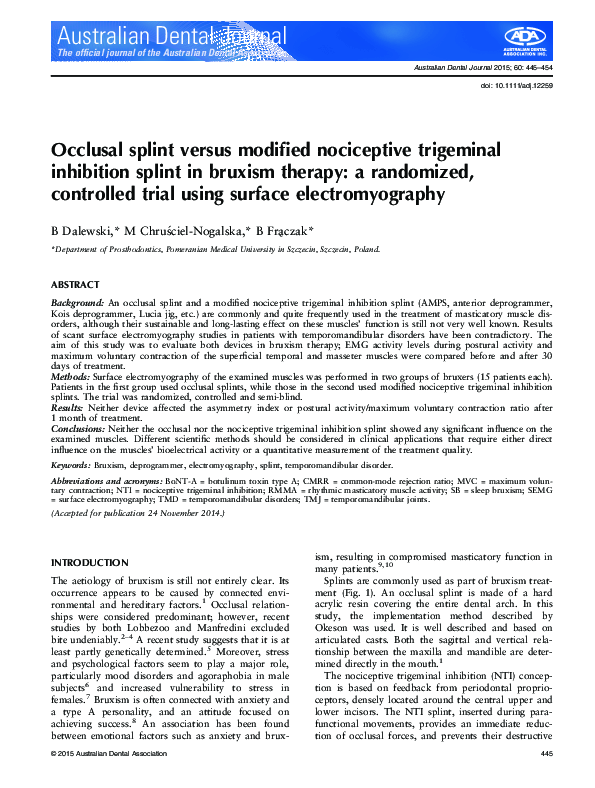 (PDF) Occlusal splint vs. modified NTI splint in bruxism therapy ...