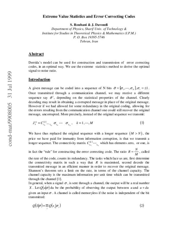 (PDF) Extreme Value Statistics and Error Correcting Codes