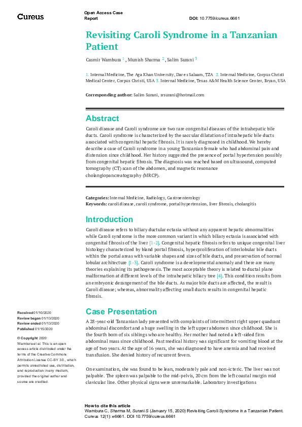 (PDF) Revisiting Caroli Syndrome in a Tanzanian Patient