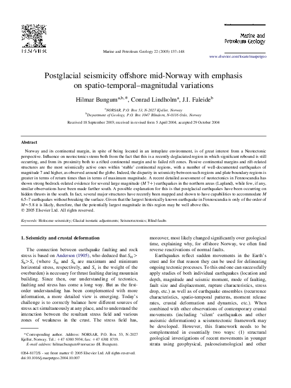(PDF) Postglacial seismicity offshore mid-Norway with emphasis on spatio-temporal–magnitudal ...