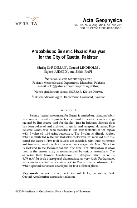(PDF) Probabilistic seismic hazard analysis for the city of Quetta, Pakistan