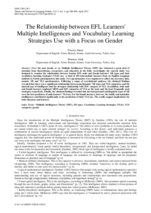 (PDF) The Relationship between EFL Learners' Multiple Intelligences and ...