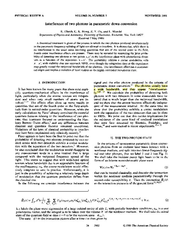 (PDF) Interference of two photons in parametric down-conversion