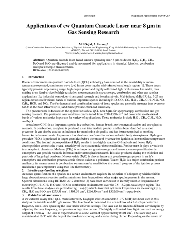 (PDF) Applications of cw Quantum Cascade Laser near 8 μm in Gas Sensing ...