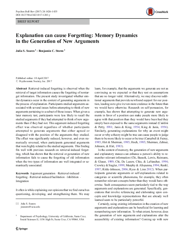 (PDF) Explanation can cause Forgetting: Memory Dynamics in the Generation of New Arguments