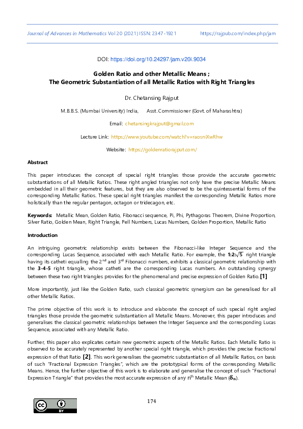 (PDF) Golden Ratio, Silver Ratio and other Metallic Means ; Geometric ...