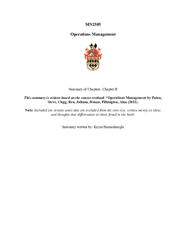 (DOC) MN2505 Operations Management Summary Part II