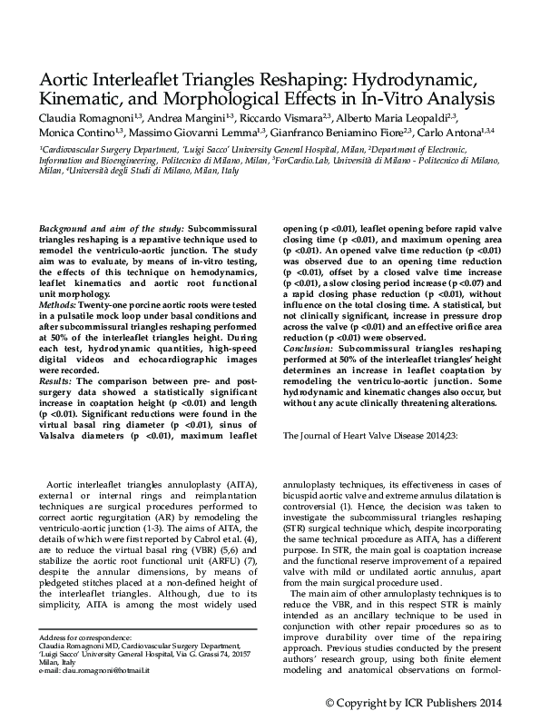 (PDF) Aortic interleaflet triangles reshaping: hydrodynamic, kinematic ...