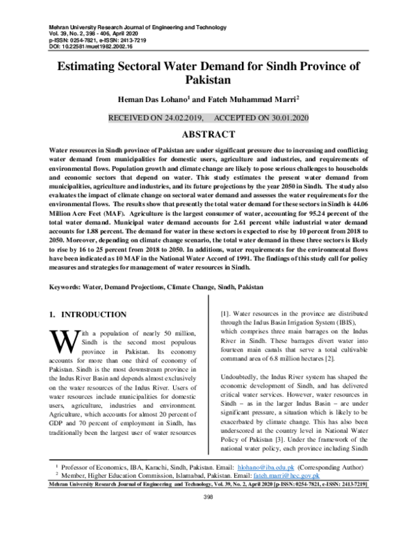 (PDF) Sectoral Water Demand in Sindh, Pakistan