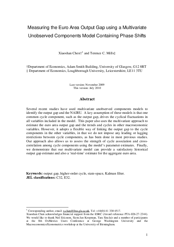 (PDF) Measuring the Euro area output gap using multivariate unobserved components models ...