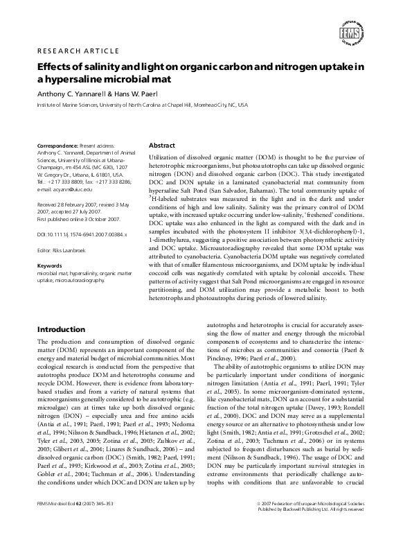 (PDF) Effects of salinity and light on organic carbon and nitrogen uptake in a hypersaline ...
