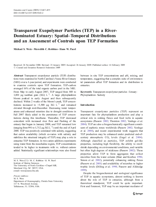 (PDF) Transparent Exopolymer Particles (TEP) in a River- Dominated ...