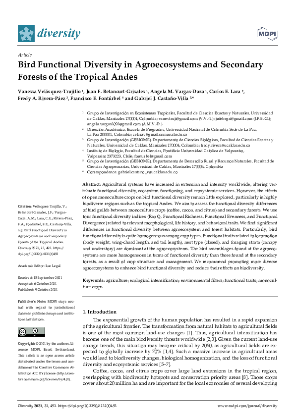 (PDF) Bird Functional Diversity in Agroecosystems and Secondary Forests ...