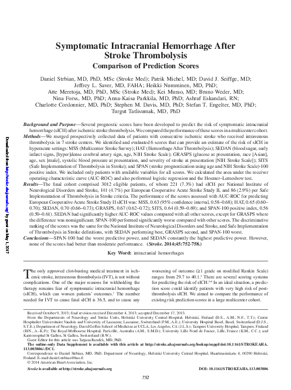 (PDF) Symptomatic Intracranial Hemorrhage After Stroke Thrombolysis: Comparison of Prediction Scores