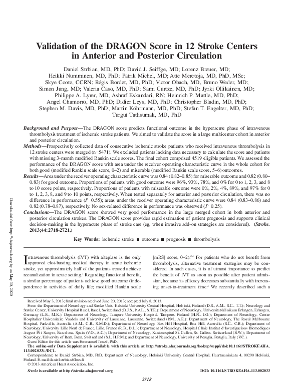 (PDF) Validation of the DRAGON Score in 12 Stroke Centers in Anterior ...