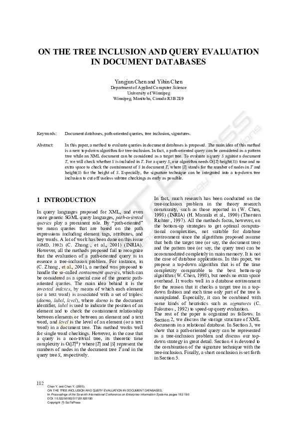 Pdf On The Tree Inclusion And Query Evaluation In Document Databases Yangjun Chen 