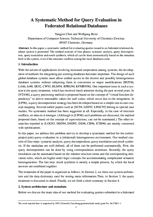 (PDF) A Systematic Method for Query Evaluation in Federated Relational Databases | Yangjun Chen ...