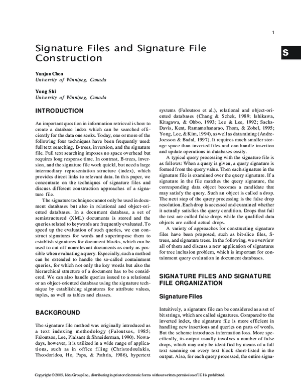 (PDF) Signature Files and Signature File Construction