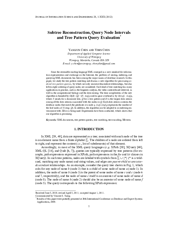 Pdf Tree Reconstruction And Bottom Up Evaluation Of Tree Pattern Queries Yangjun Chen