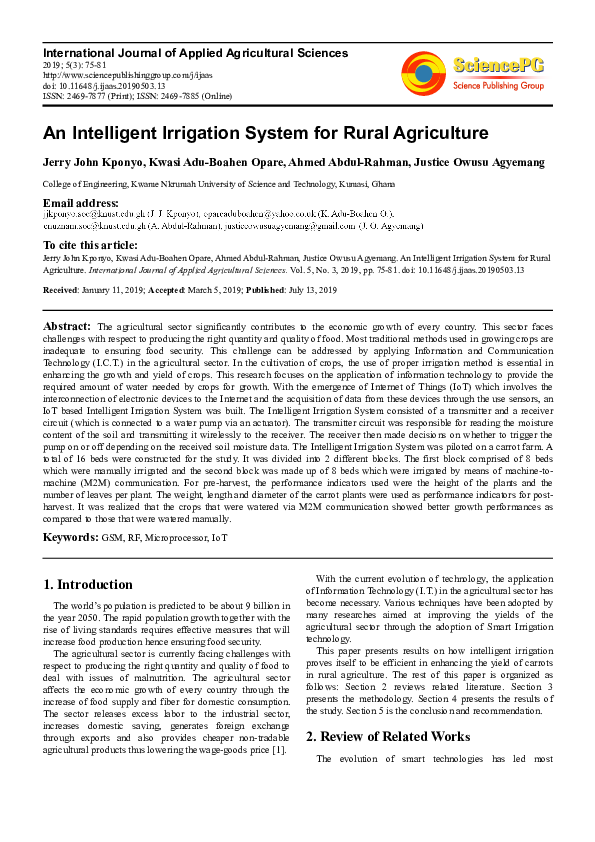 (PDF) An Intelligent Irrigation System for Rural Agriculture
