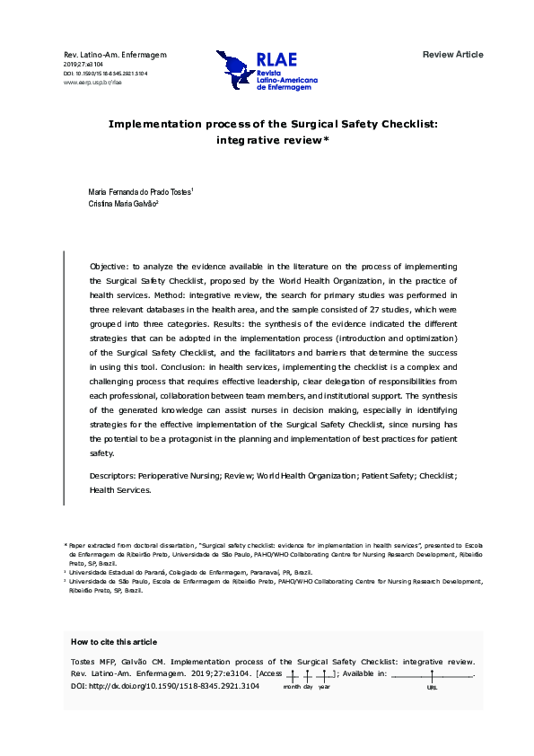 (PDF) Implementation process of the Surgical Safety Checklist ...