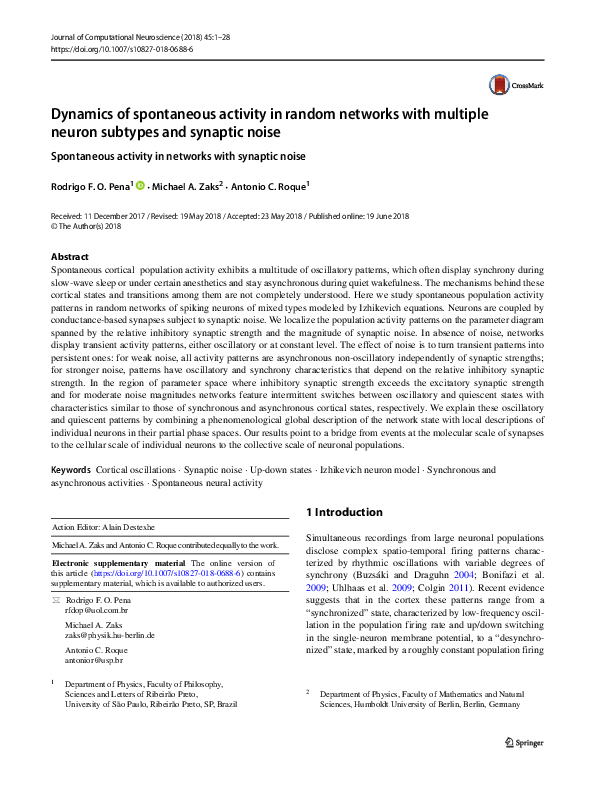 (PDF) Dynamics of spontaneous activity in random networks with multiple neuron subtypes and ...