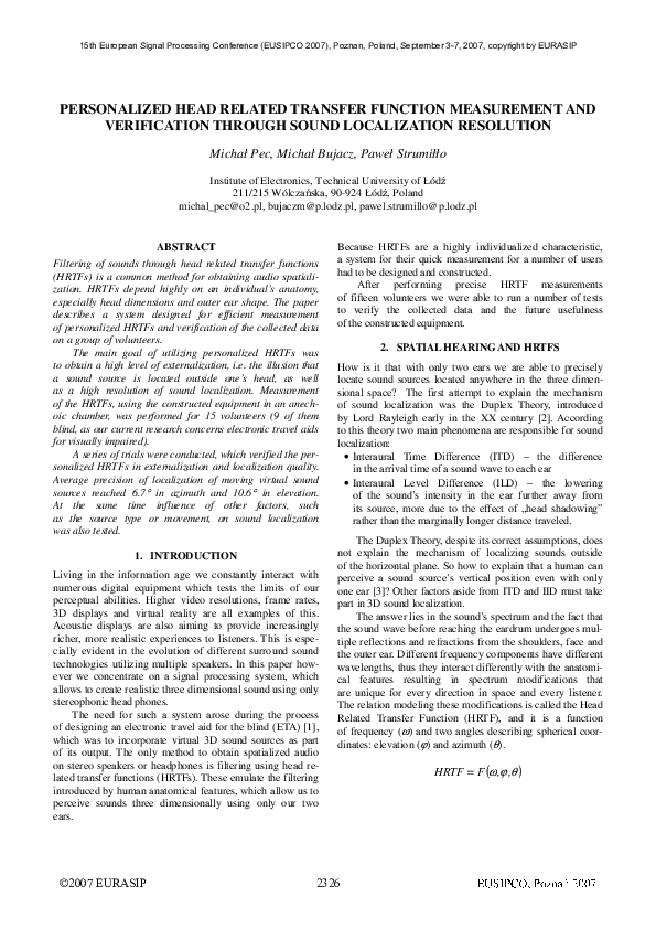 Pdf Personalized Head Related Transfer Function Measurement And Verification Through Sound
