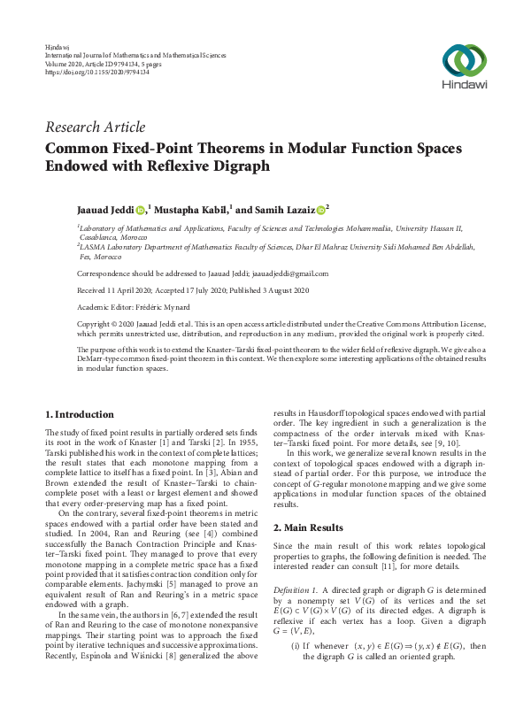 Pdf Common Fixed Point Theorems In Modular Function Spaces Endowed With Reflexive Digraph